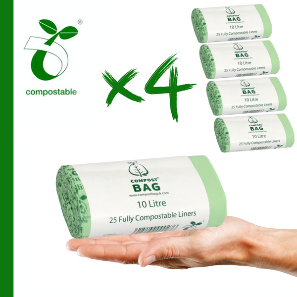 10 Litre x 100 Compostable Food Waste Caddy Bin Liner Bags 10L Made in ...